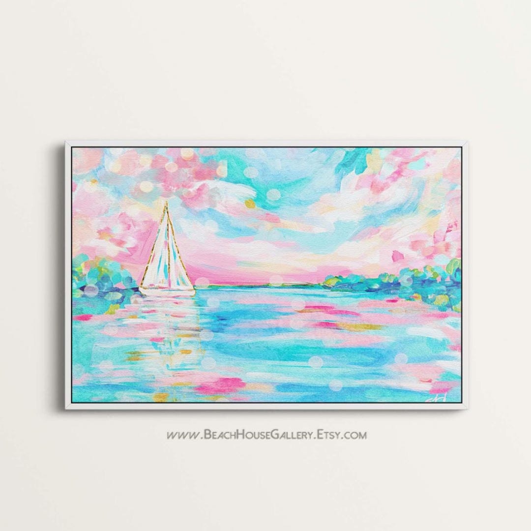 Coastal Sailboat Art Print: Pink & Blue Nautical Wall Decor - Etsy