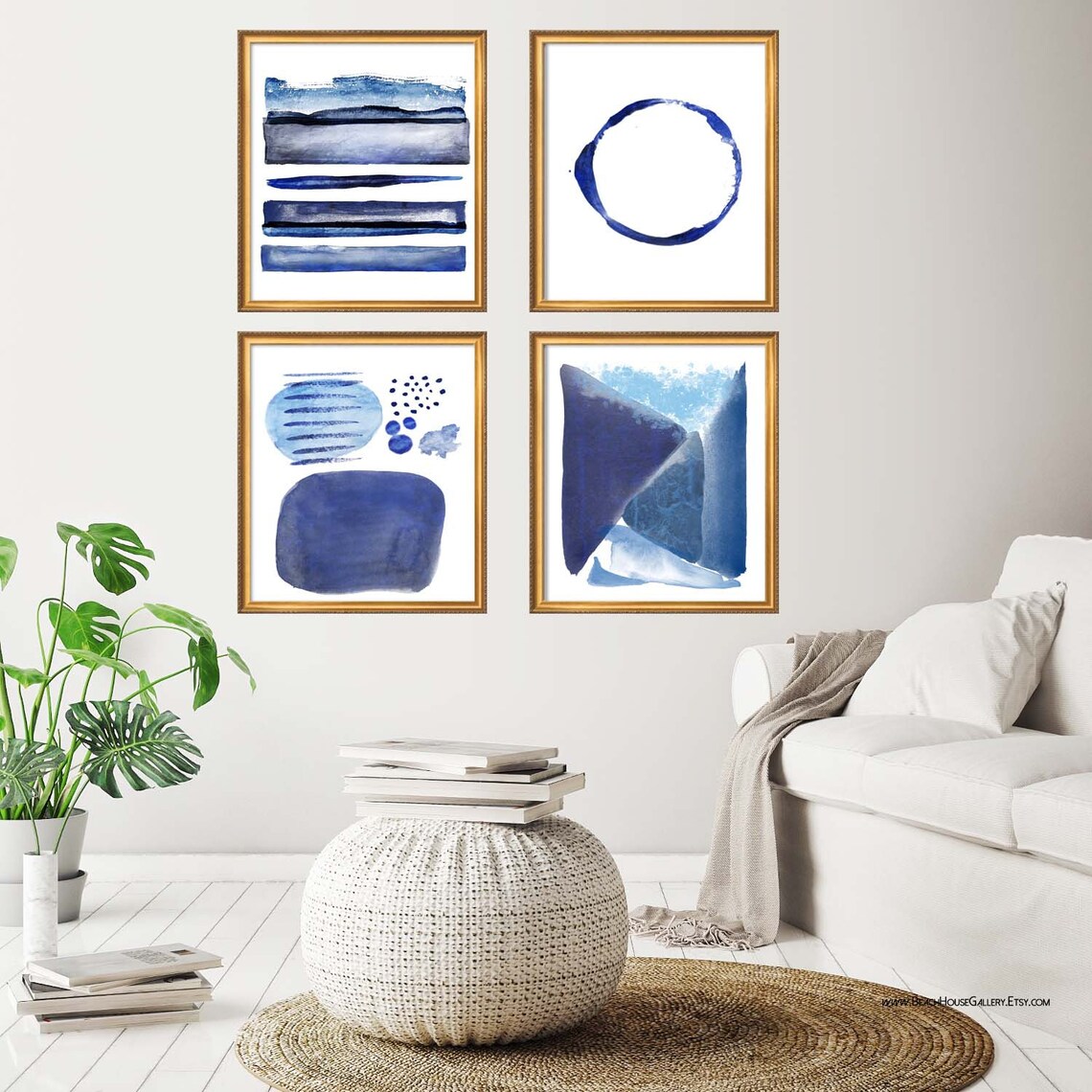 Navy Abstract Art Set of 4 Prints Navy Blue White Watercolor | Etsy