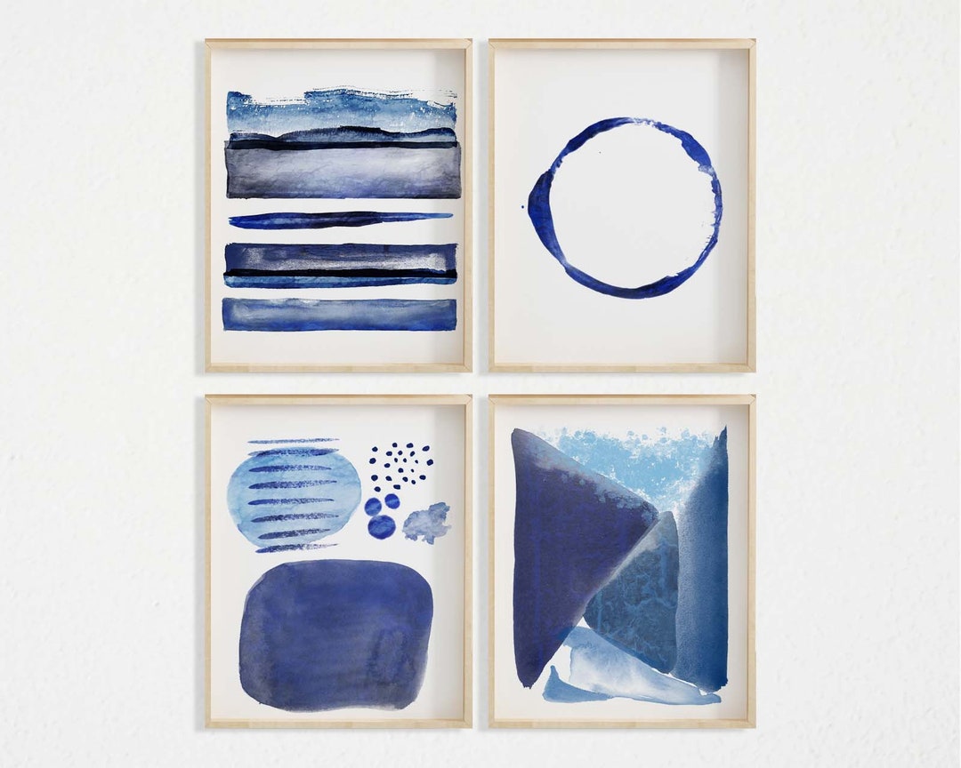 Navy Abstract Art Set of 4 Prints, Navy Blue White Watercolor, Modern ...