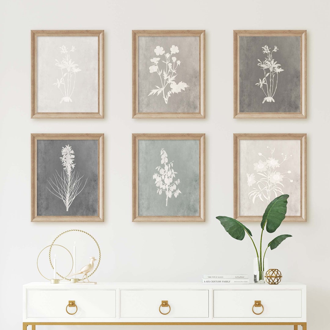 Gray Botanical Print Set, Rustic Botanical, Gray Living Room Art, Set ...