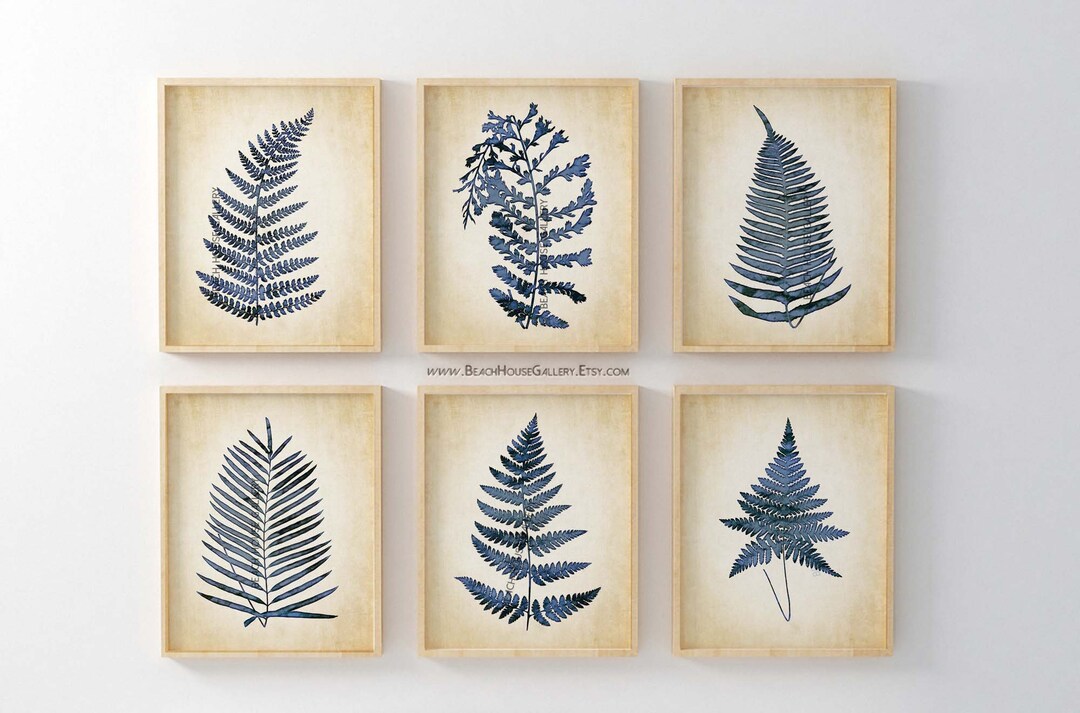 Watercolor Navy Fern Prints, Navy Wall Art, Rustic Fern Botanical ...