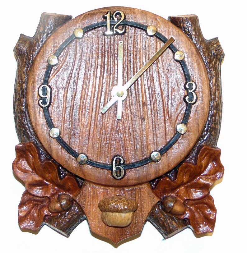 Carved Solid Wood Rustic Log Clock With Leaves and Acorns - Etsy