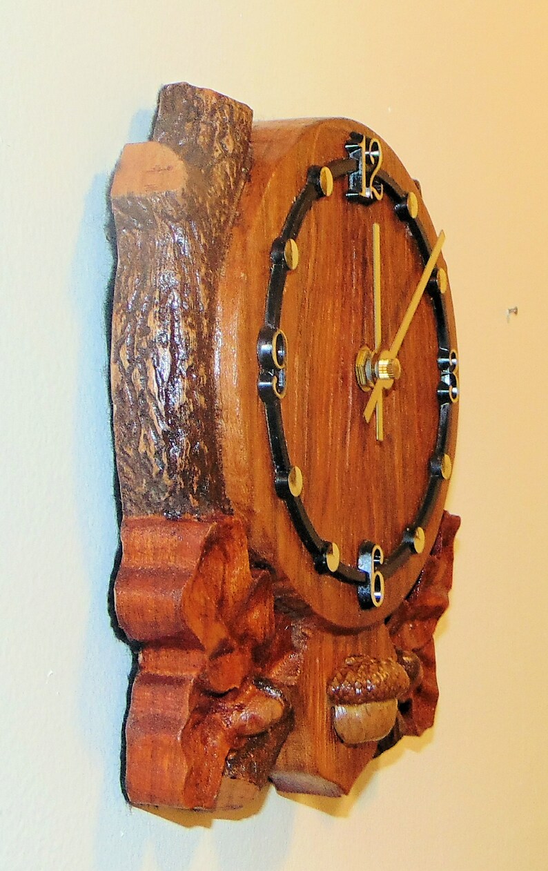 Carved Solid Wood Rustic Log Clock With Leaves and Acorns - Etsy