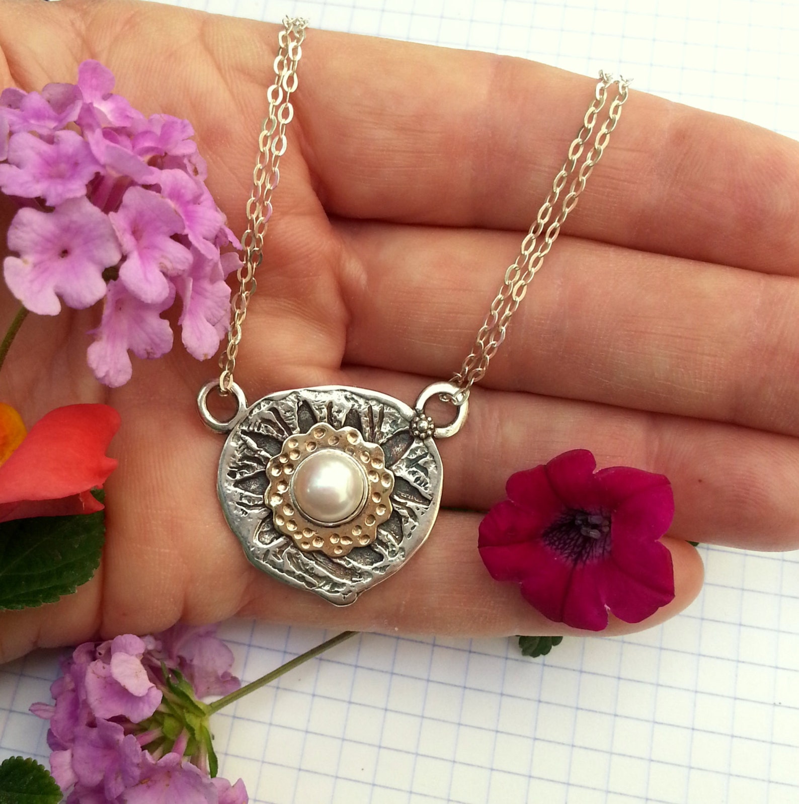 Silver, Gold and Pearl Necklace, Silver Necklace Set With a Pearl ...