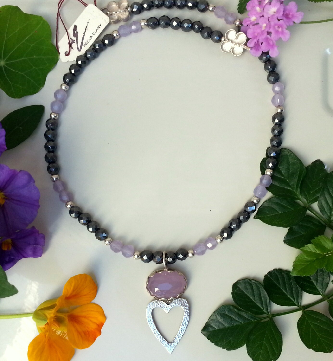 Purple Stone With Heart on a Beaded Necklace of Agate - Etsy
