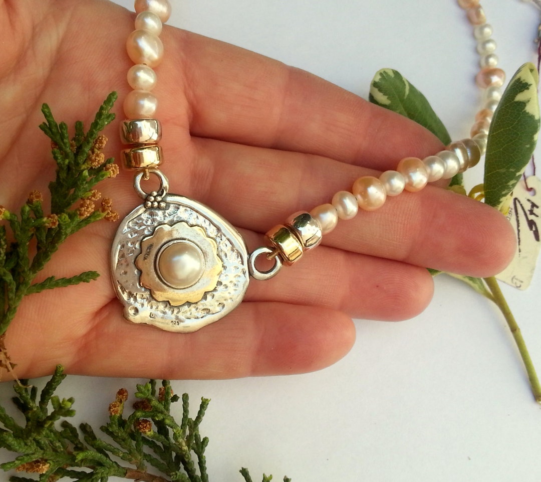 Pink Pearls Necklace, Silver Pendant With a Gold Flower and a Pearl - Etsy