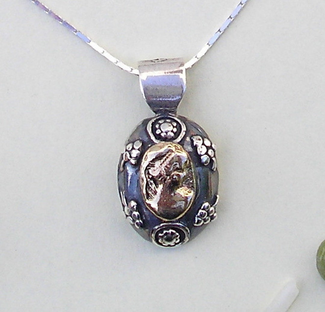 Cameo Necklace Sterling Silver and Gold Handmade Oval Pendant Decorated ...