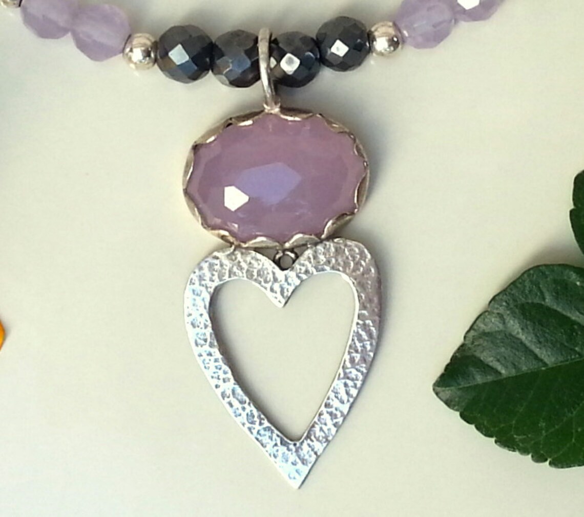 Purple Stone With Heart on a Beaded Necklace of Agate - Etsy