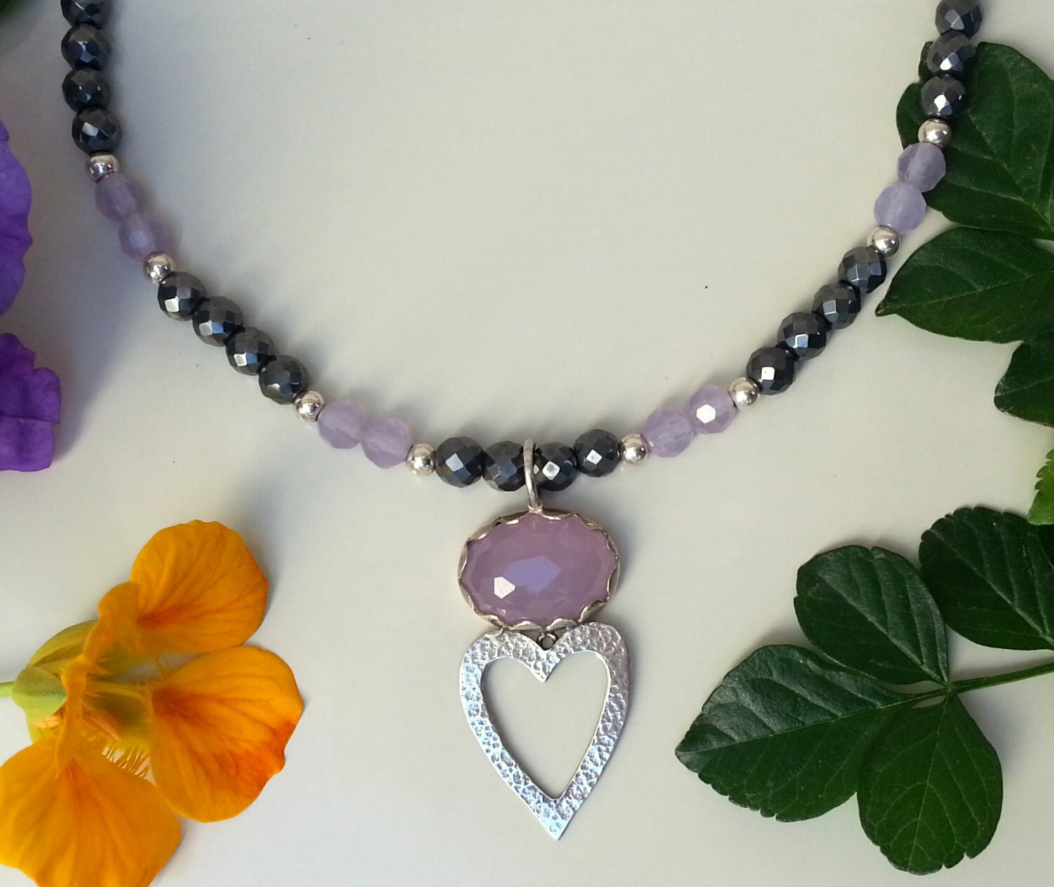 Purple Stone With Heart on a Beaded Necklace of Agate, Hematite and ...