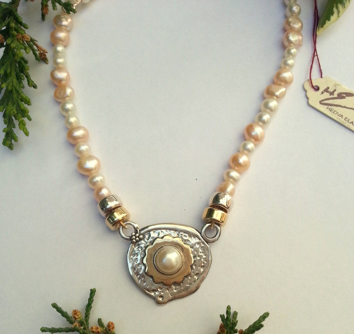Pink Pearls Necklace, Silver Pendant With a Gold Flower and a Pearl - Etsy