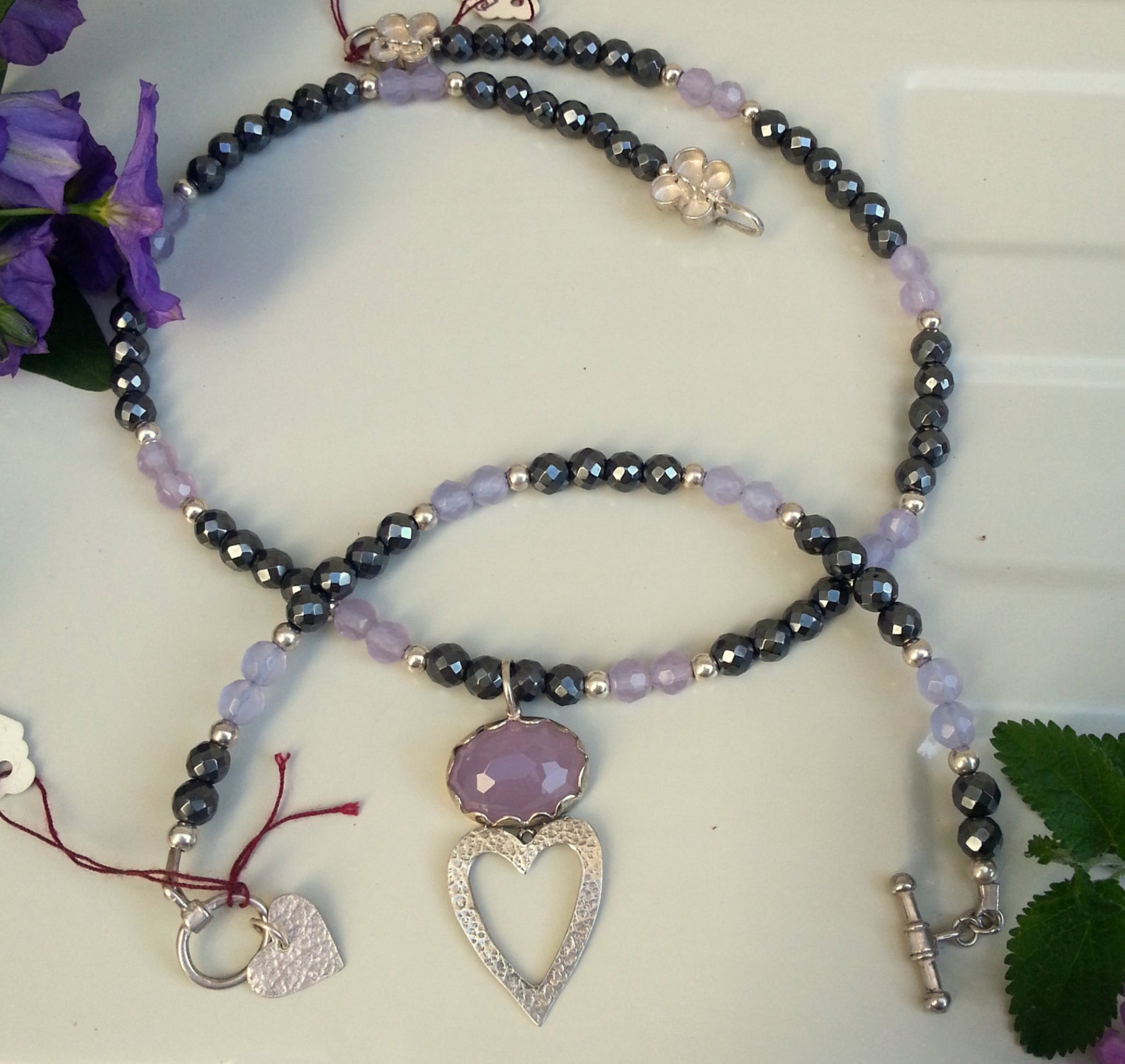 Purple Stone With Heart on a Beaded Necklace of Agate - Etsy