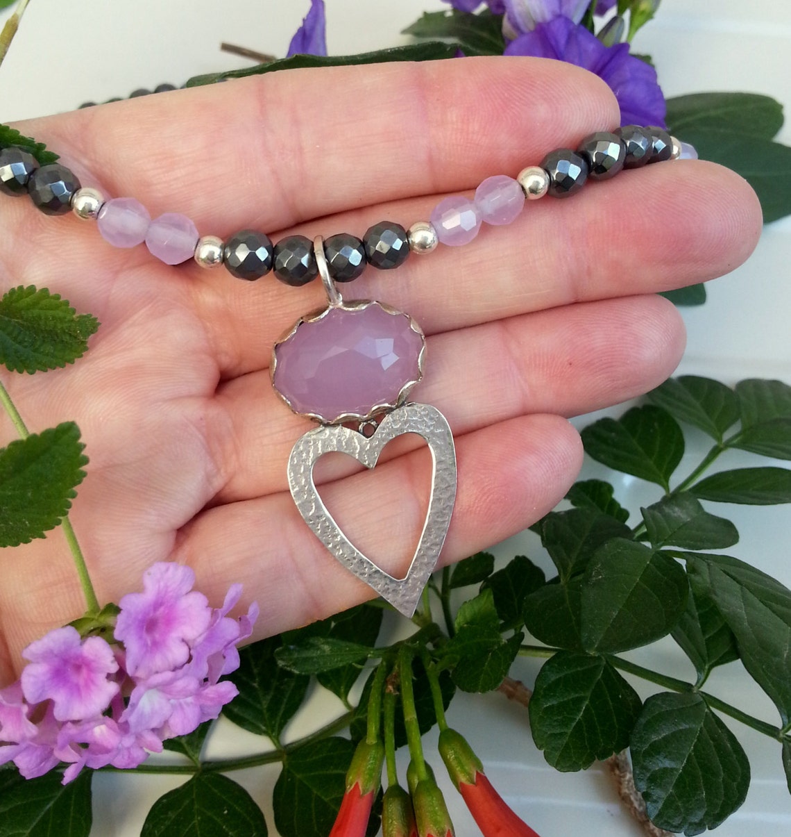 Purple Stone With Heart on a Beaded Necklace of Agate - Etsy
