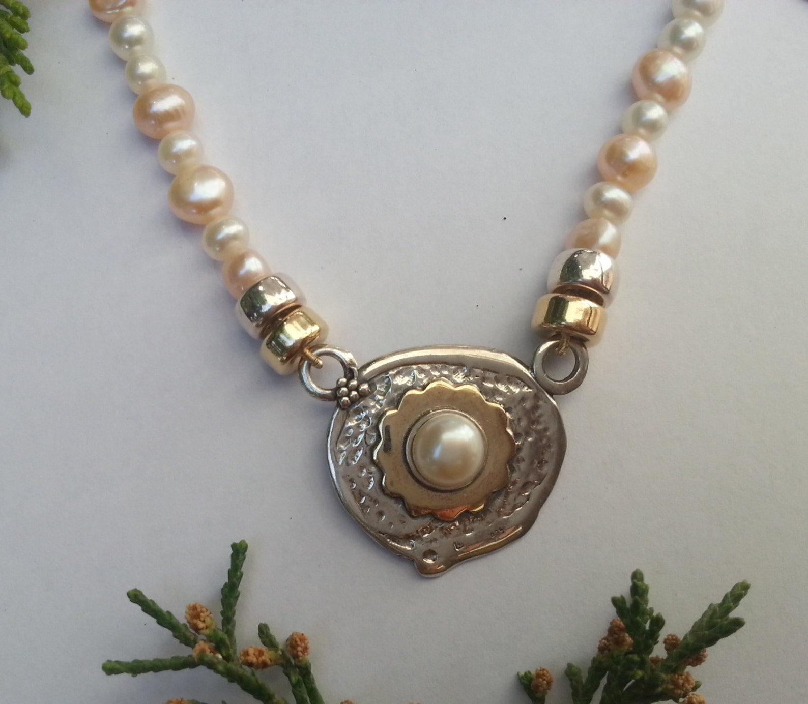 Pink Pearls Necklace, Silver Pendant With a Gold Flower and a Pearl - Etsy