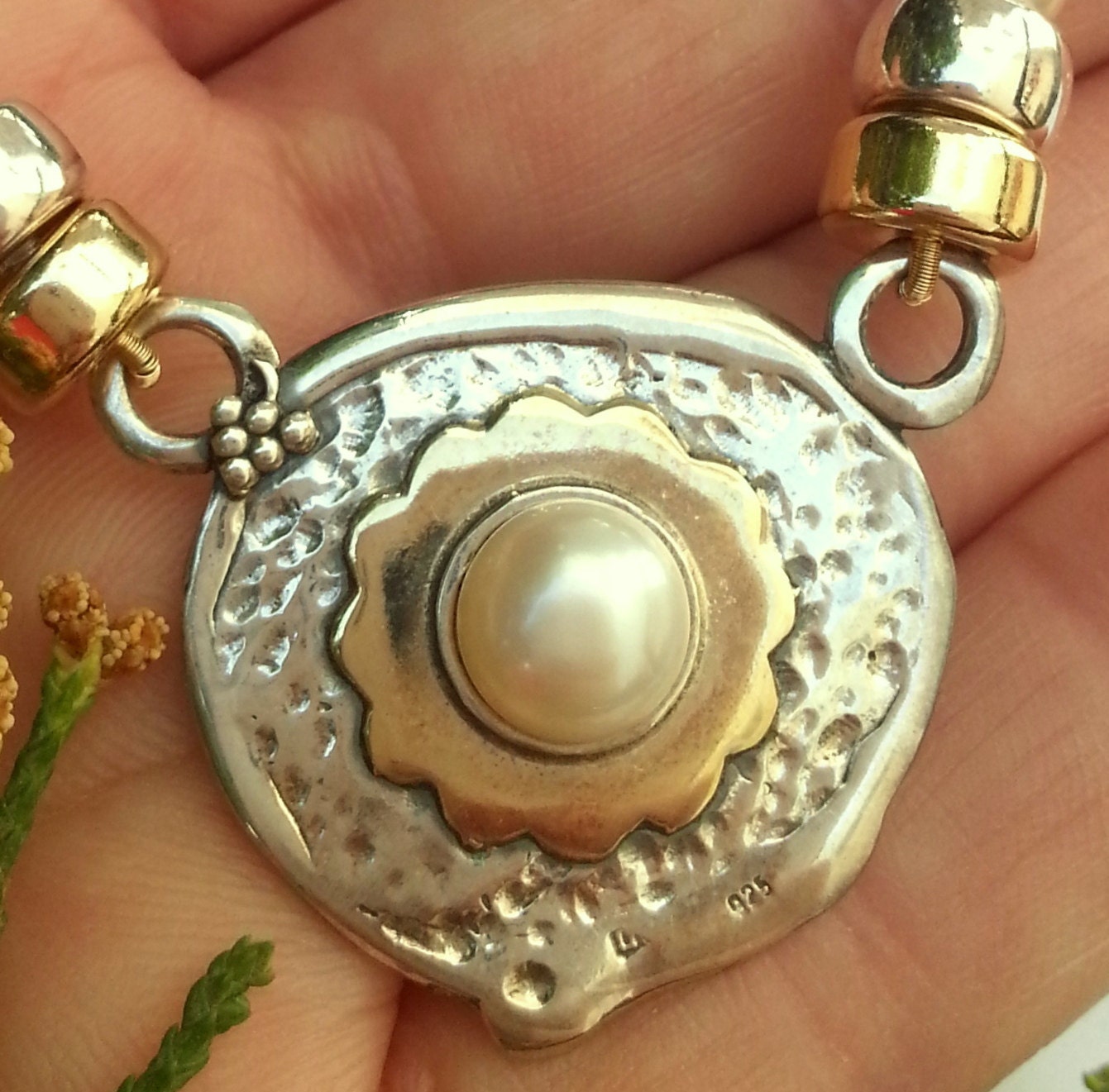 Pink Pearls Necklace, Silver Pendant With a Gold Flower and a Pearl - Etsy
