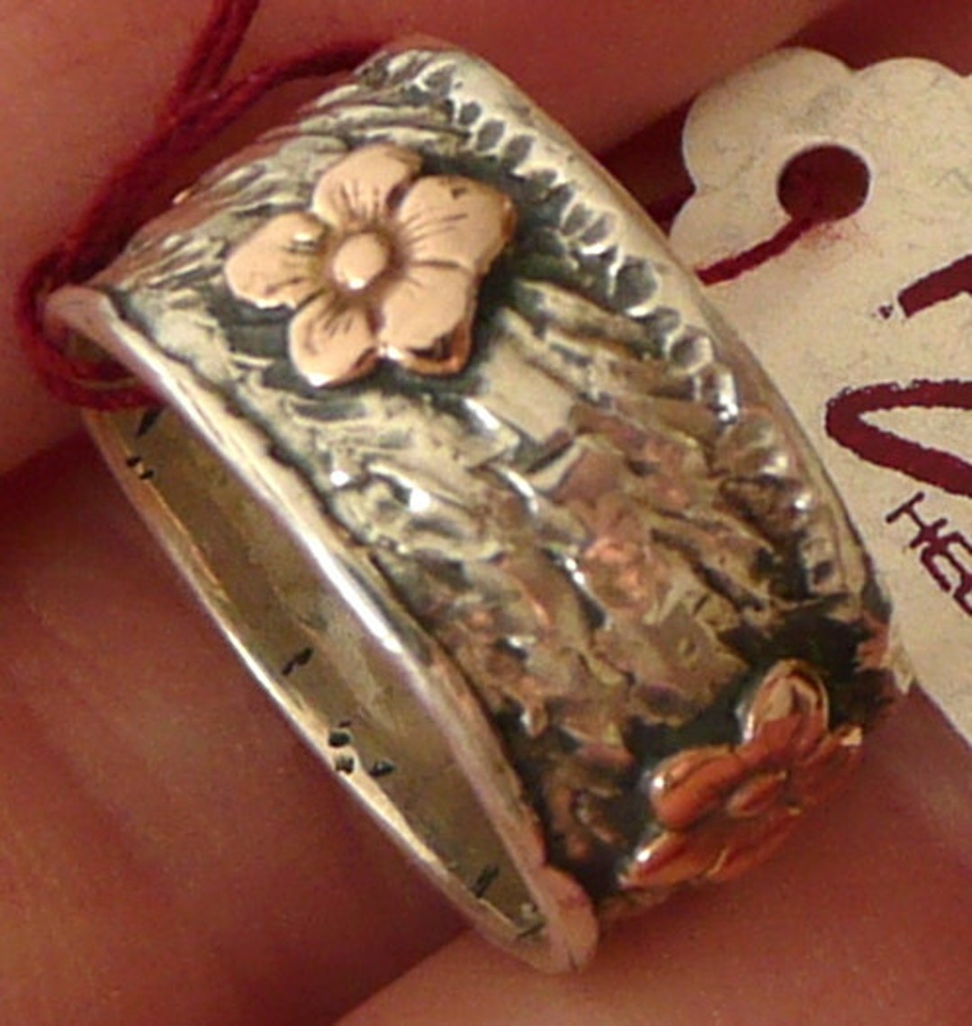 Wedding Band Ring Decorated With Gold Flowers, Textured Silver - Etsy