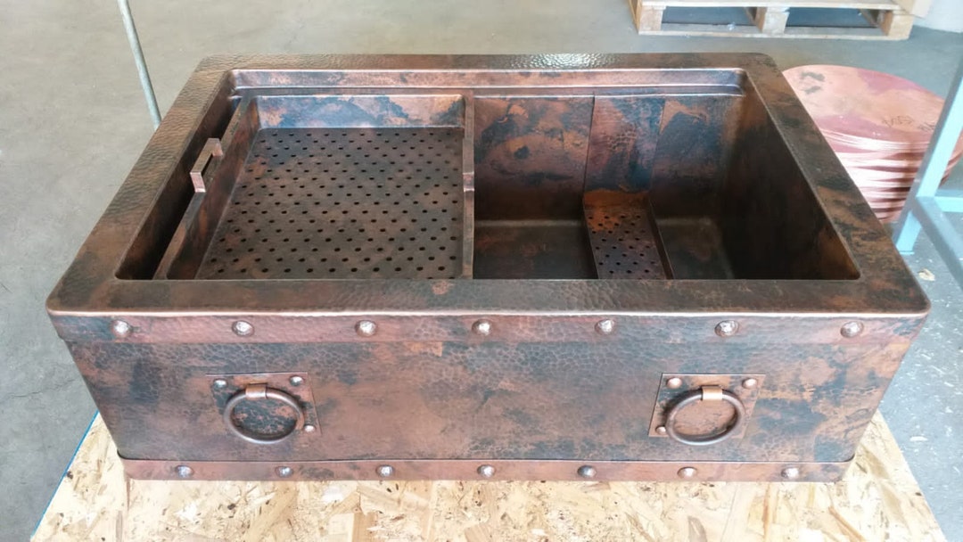33" Copper Farmhouse Workstation Sink in Rings and Straps Apron Design ...