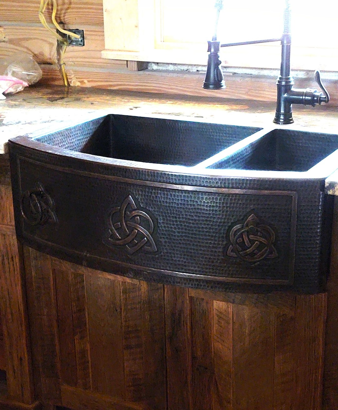 33" Copper Kitchen Farmhouse Sink With Rounded Front With Celtic Design ...