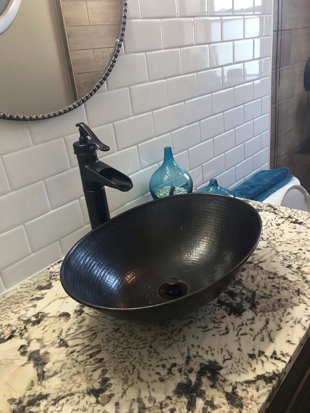 Oval Copper Vessel Vanity Bathroom Bowl 17" Sink With Drain and 13" ORB ...
