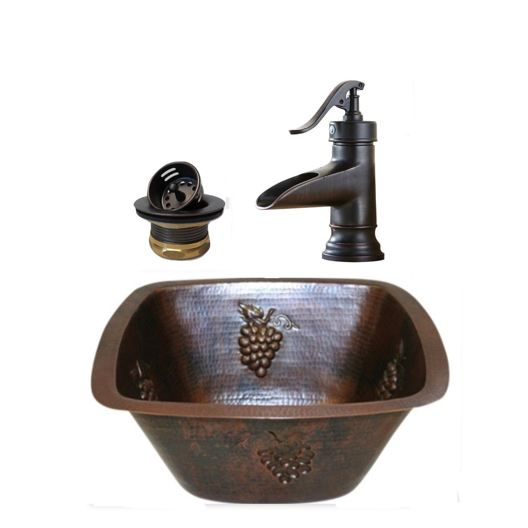 Square Copper Grapes Bar Prep Sink Hand Hammered With Drain and 7" ORB ...