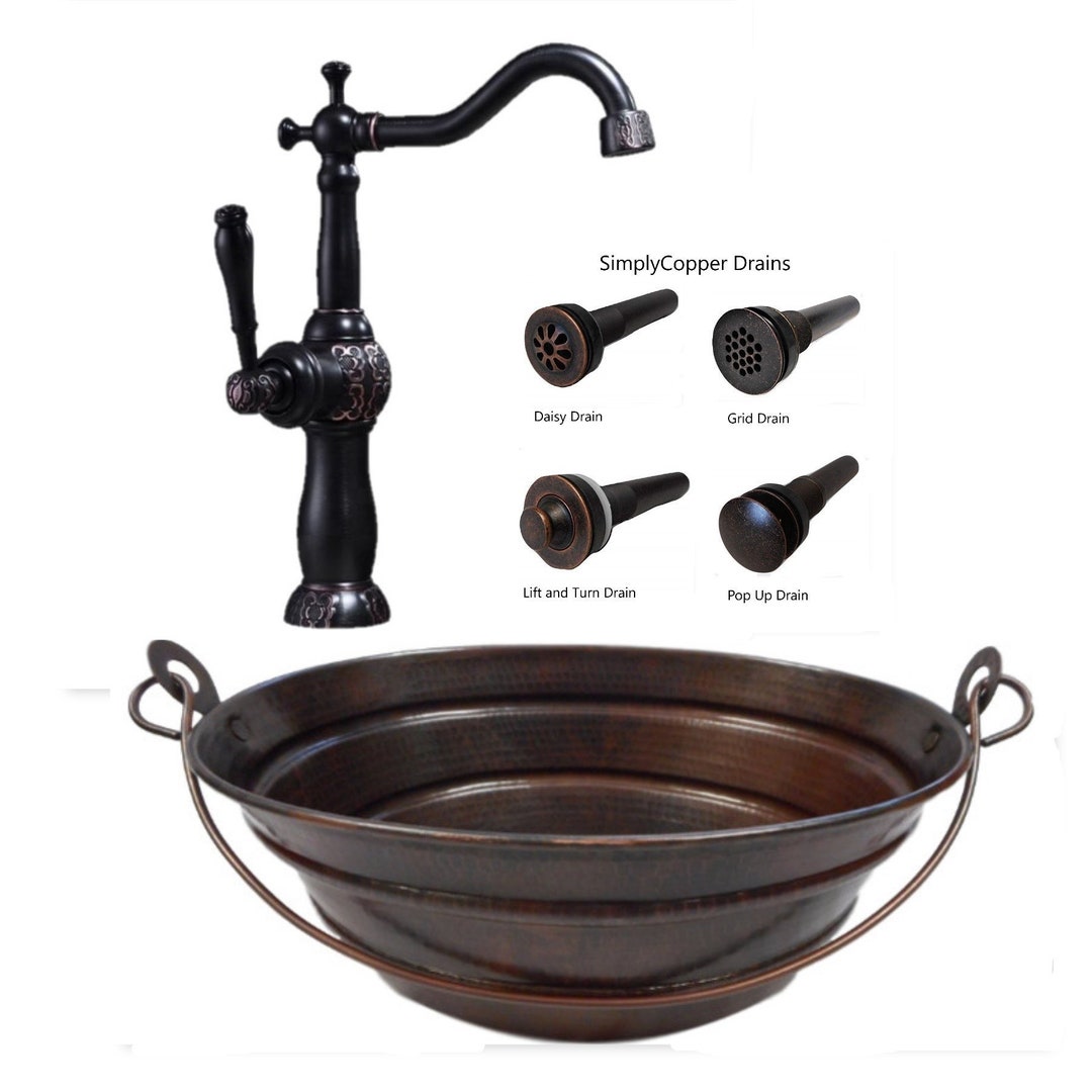 Oval Copper Bucket Vessel Vanity Bathroom Sink With Drain & 13 ...