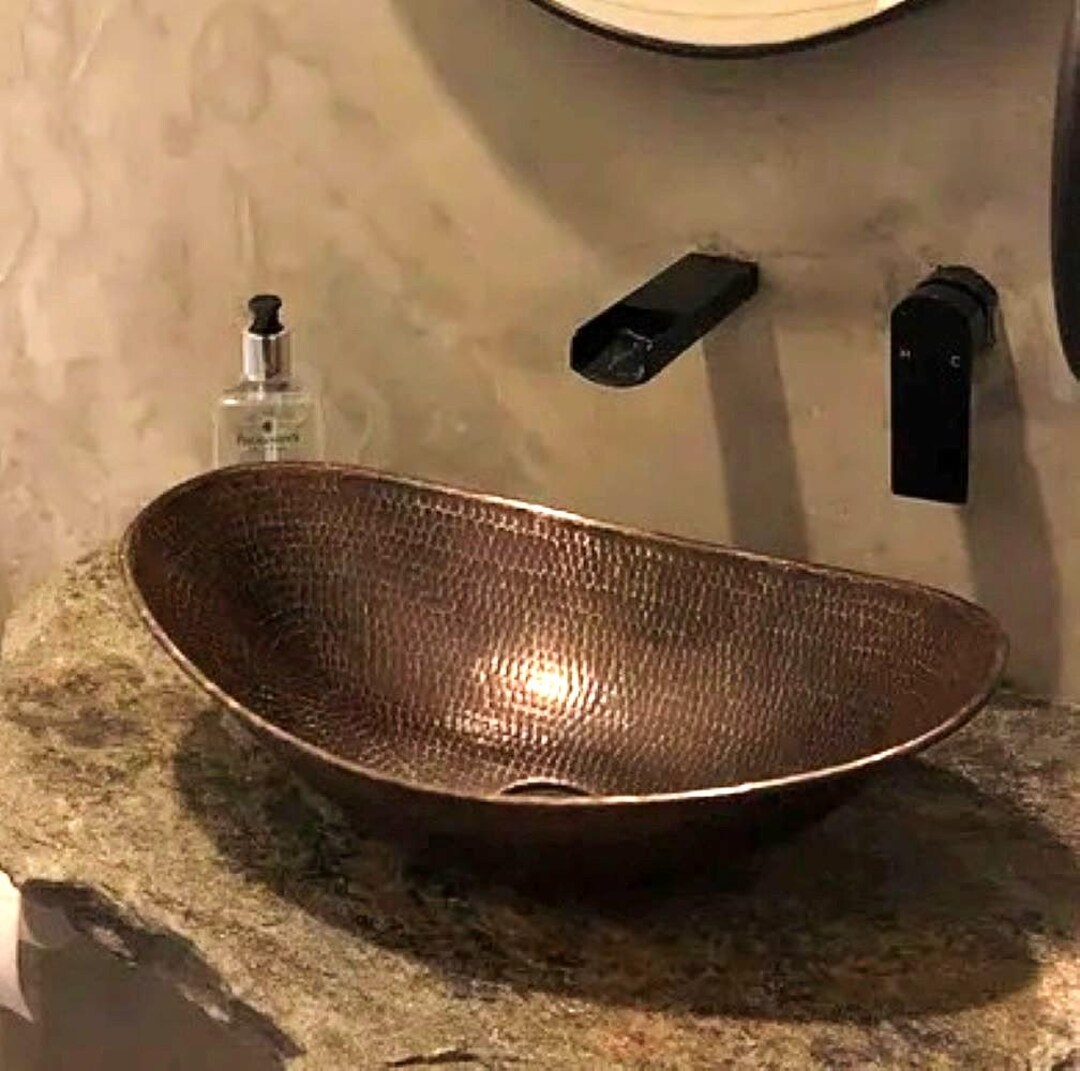 Oval Hand Hammered Copper Modern Sleigh Vessel Bathroom Vanity Sink 18 ...