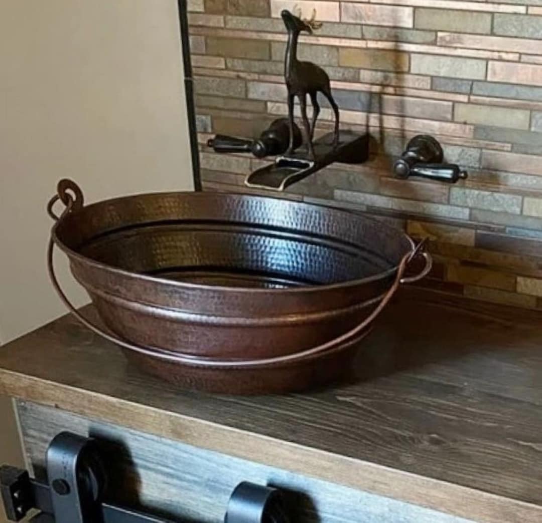 16" Oval Hand Hammered Copper Bucket Vessel Vanity Sink With Choice of ...