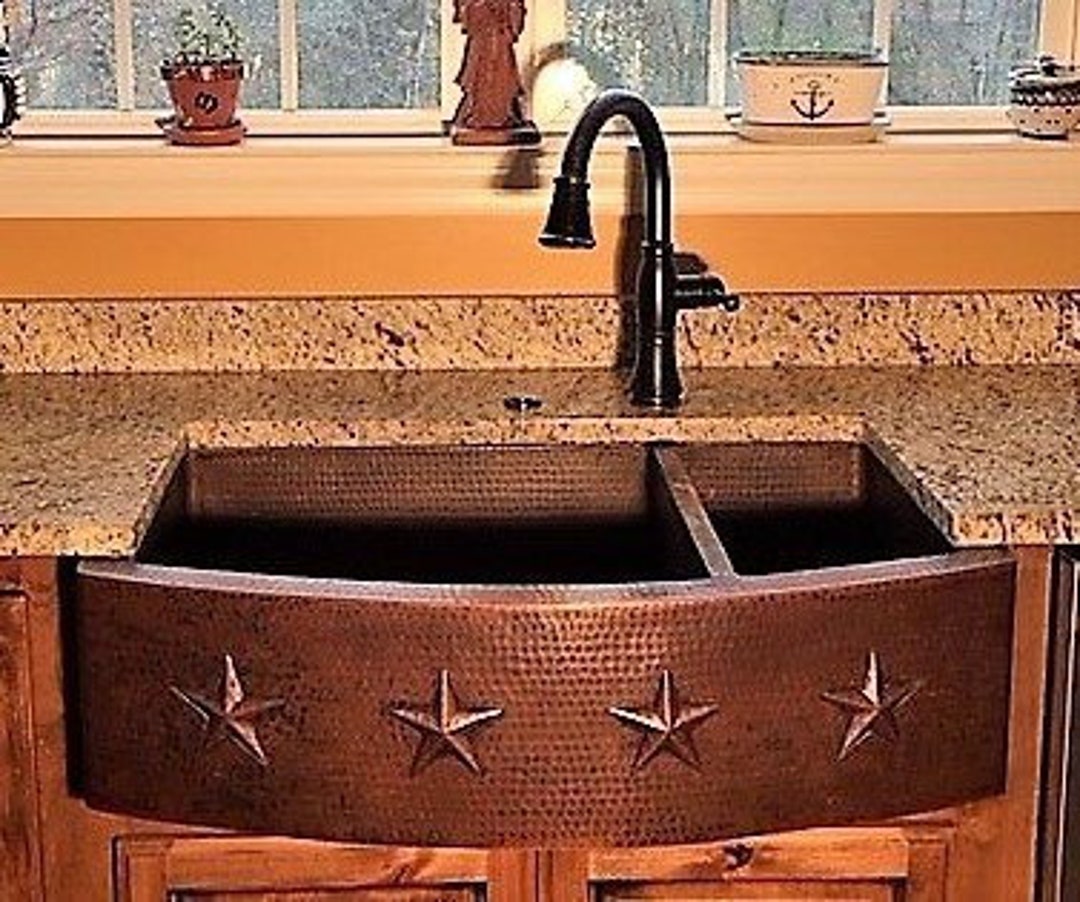 33" Copper Kitchen Farmhouse Sink With Rounded Front and 4 Star Design ...