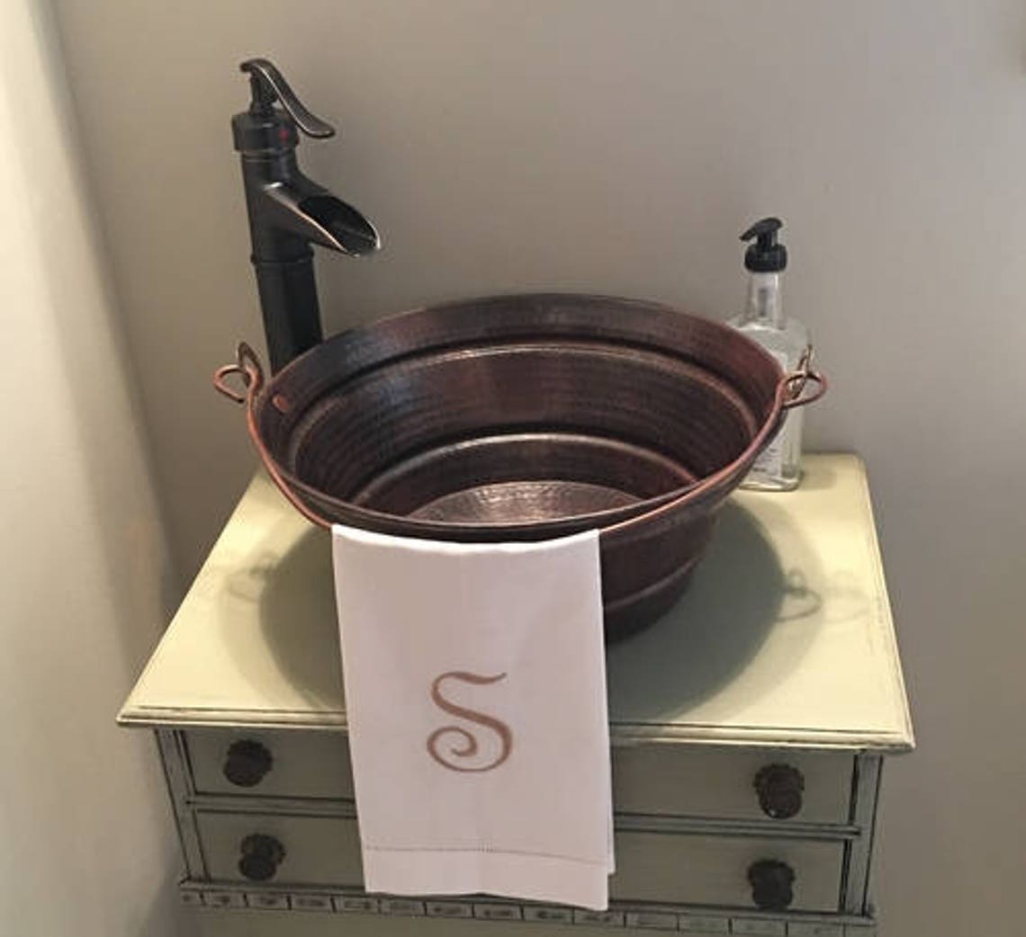 15" Round Hand Hammered Copper Bucket Vessel Vanity Sink -- DRAIN ...