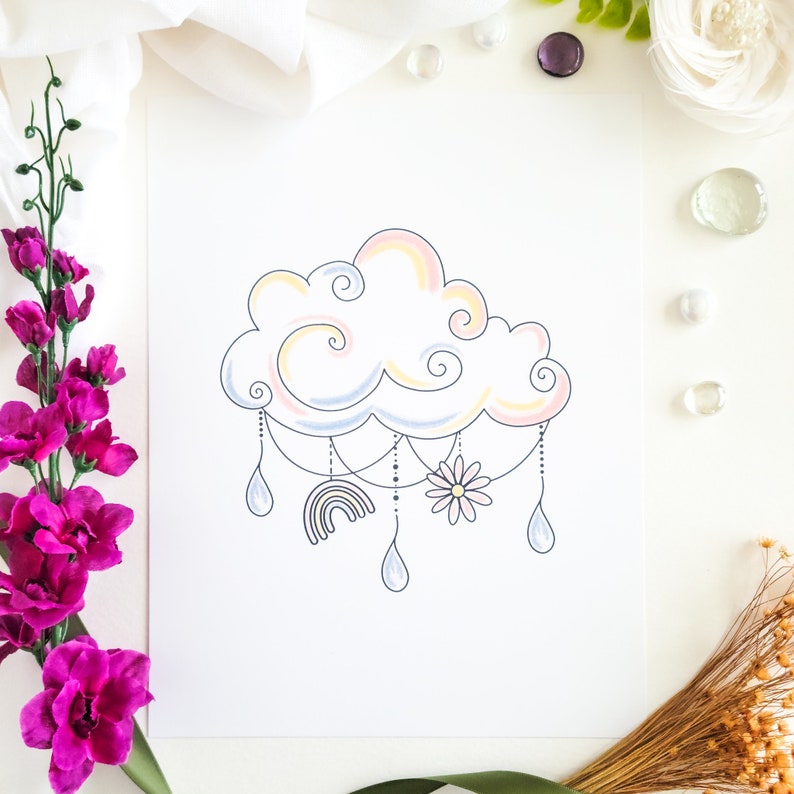 Rainbow Rain Cloud Wall Decor, Whimsical Summer Storm Cloud Art Print ...