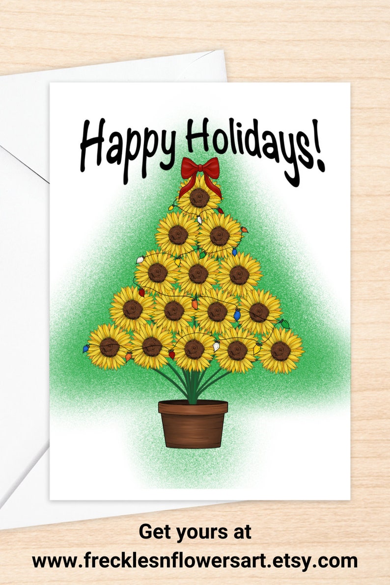 Printable Sunflower Christmas Tree Greeting Card, Merry Christmas ...