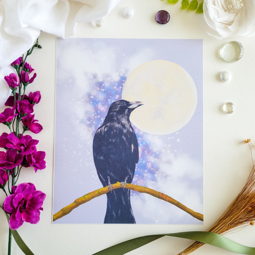 Raven Crow Black Bird Illustration, Full Moon, Halloween Bird Art Print ...