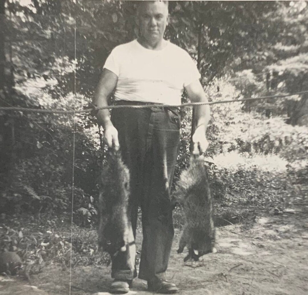 Vintage Raccoon Hunter Burly Man Photo Strung up Kill Hunting 1960's B ...