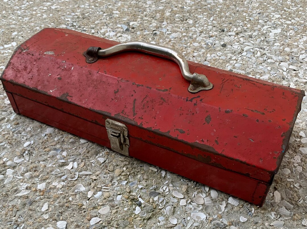Metal Tombstone Tool Box Chipped Red Paint Original Vintage 15X6X4 Shop ...