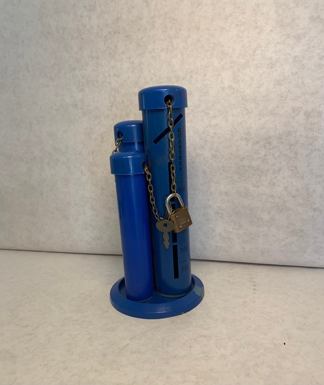 Stacking Tubes Vintage Bank Counting Coins Blue Plastic Chain Lock Keys ...