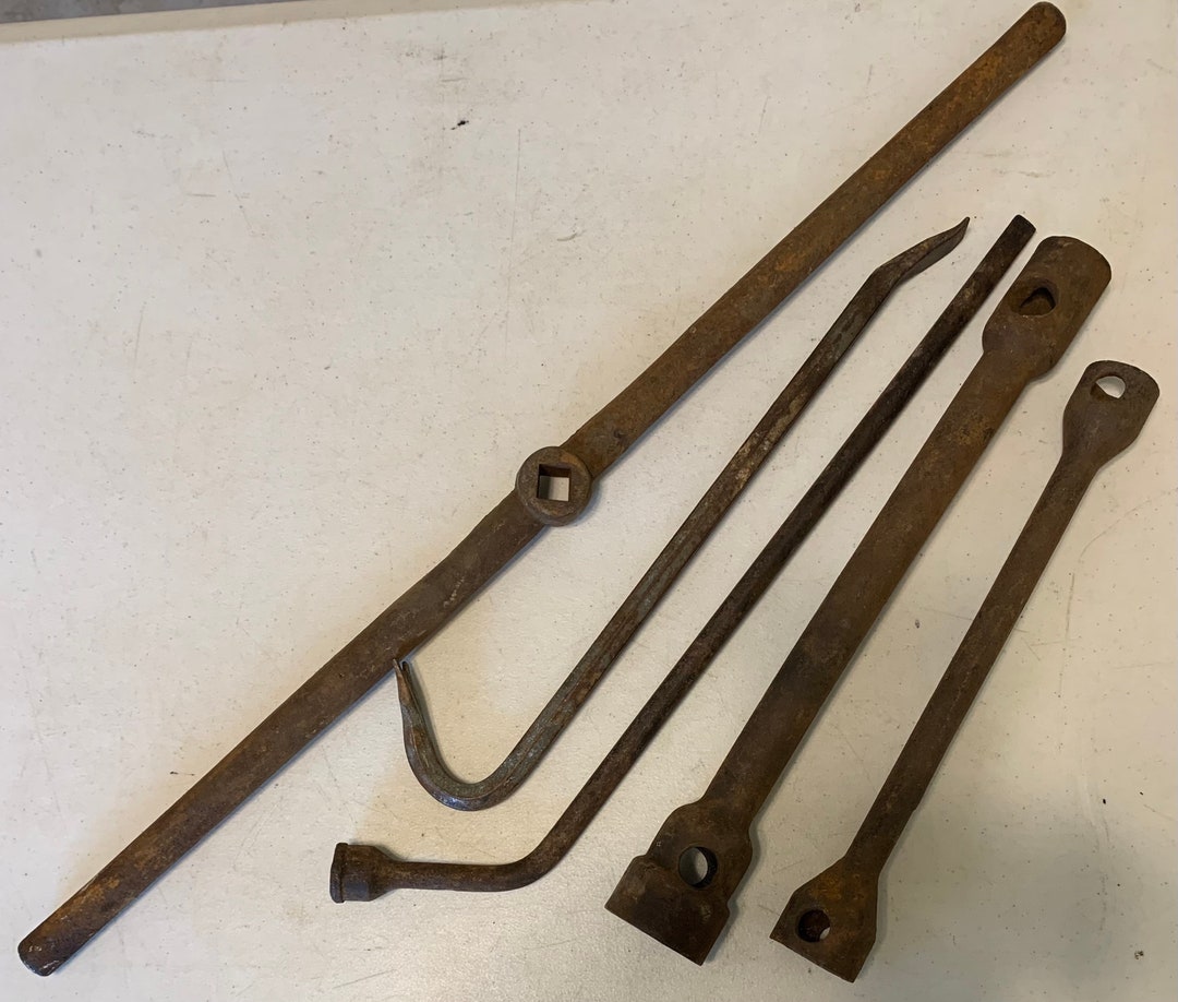 Antique Crowbar Lug Wrench Bar Hex Prying Tire Lot Farm Tools Vintage ...