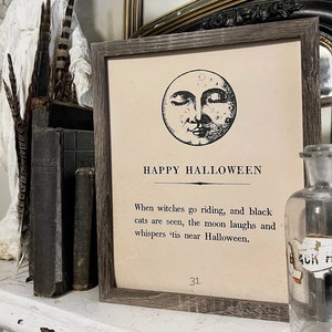 HAPPY HALLOWEEN Vintage Book Page Sign Wood Frame Moon Primitive Fall ...