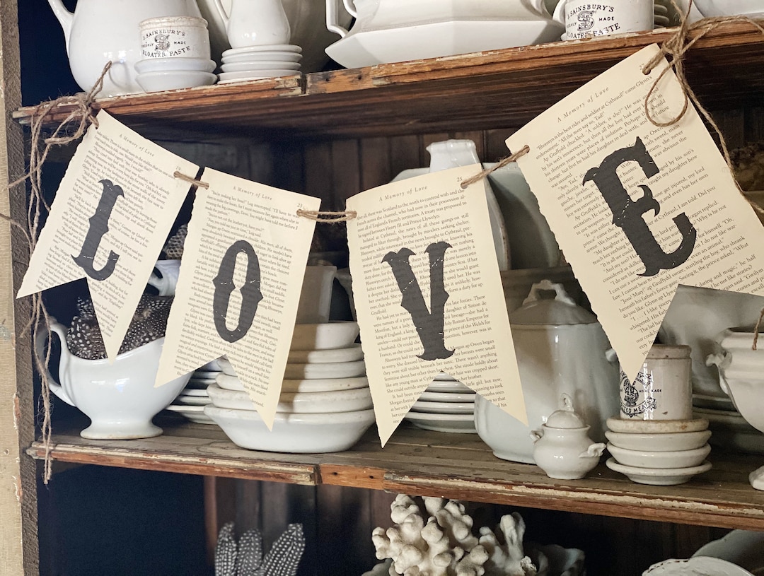LOVE Banner Vintage Book Page Bunting Pennant Sign Farmhouse Decor ...