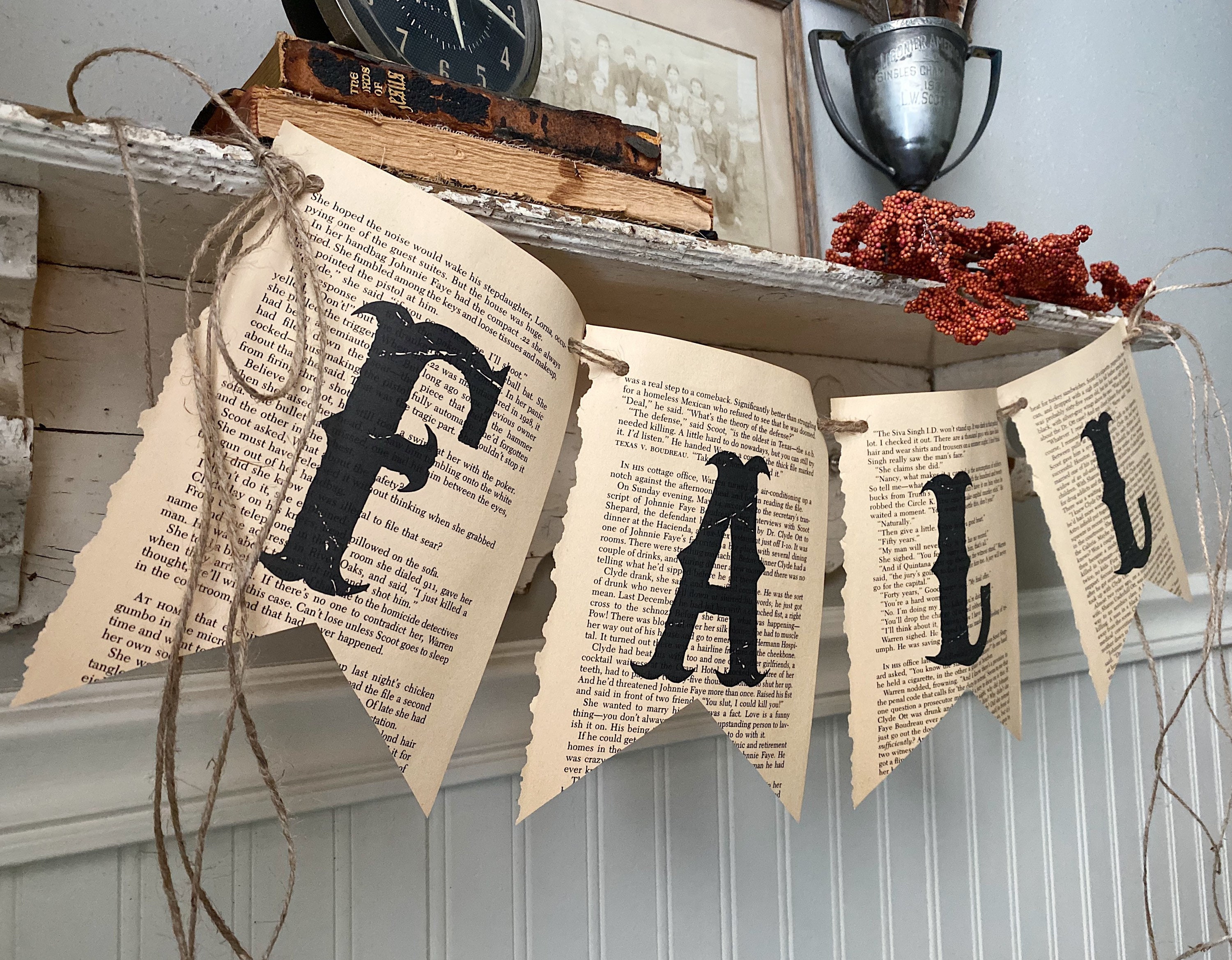 FALL Banner Vintage Book Page BANNER Bunting Pennant Sign Farmhouse ...