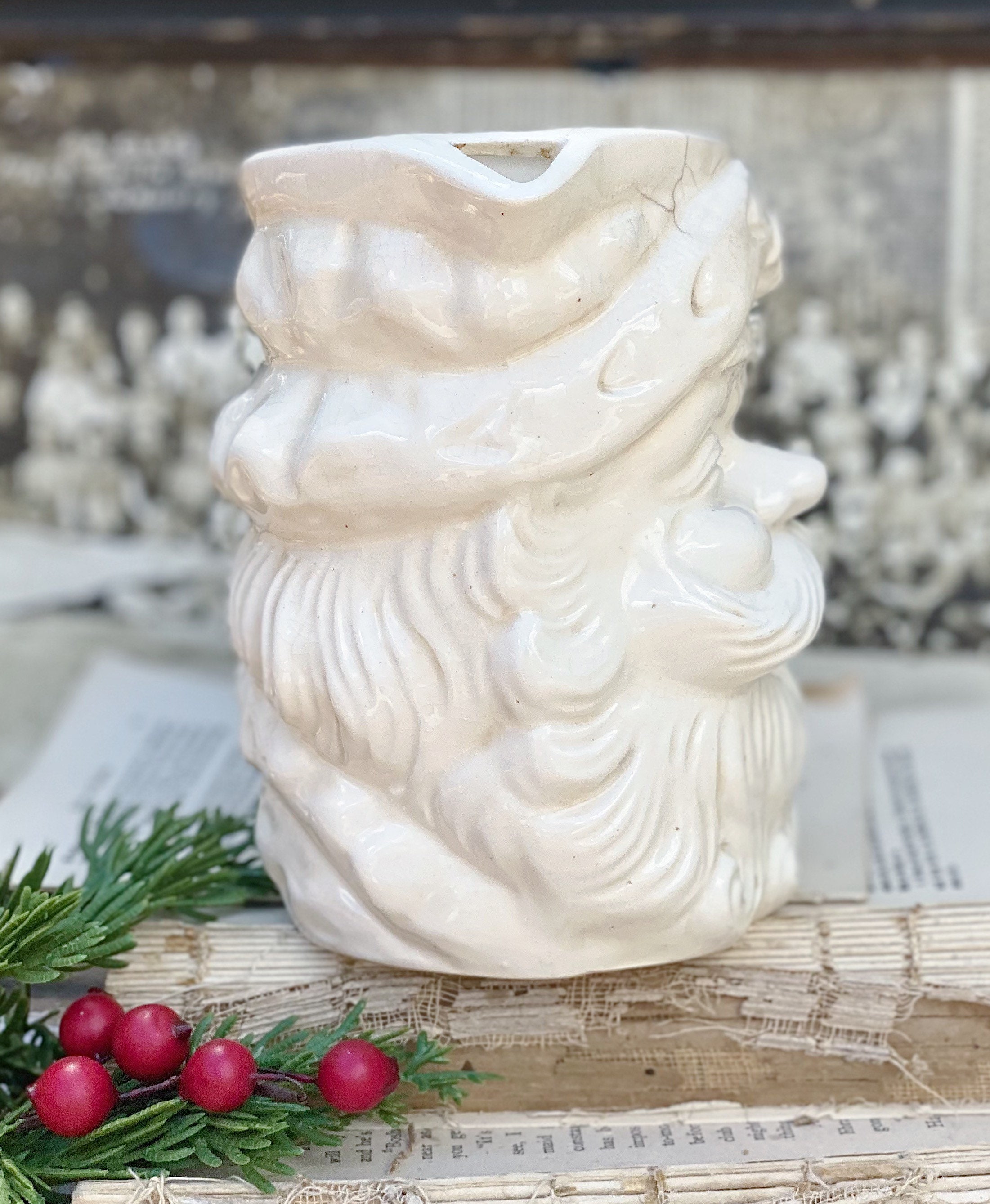 Vintage LARGE Ironstone Santa Claus PITCHER Creamy White Santa Face ...