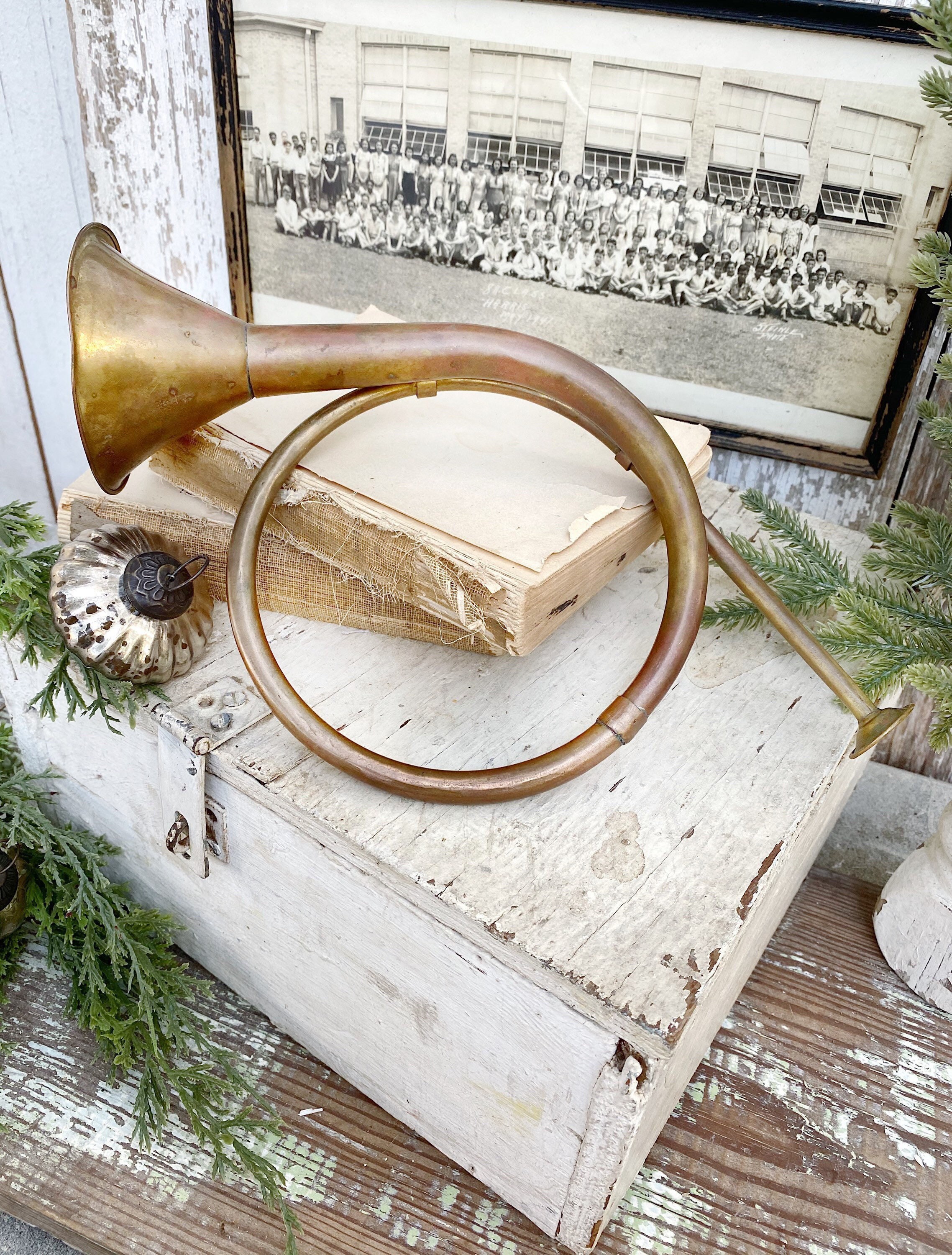 Vintage Brass Christmas Horn Farmhouse Decor Industrial Salvage ...
