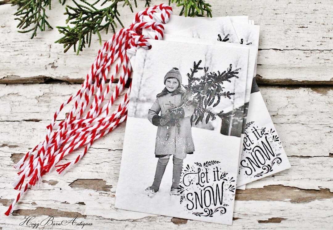 Christmas Gift Tags Vintage Let It Snow Girl Christmas Tree Retro ...