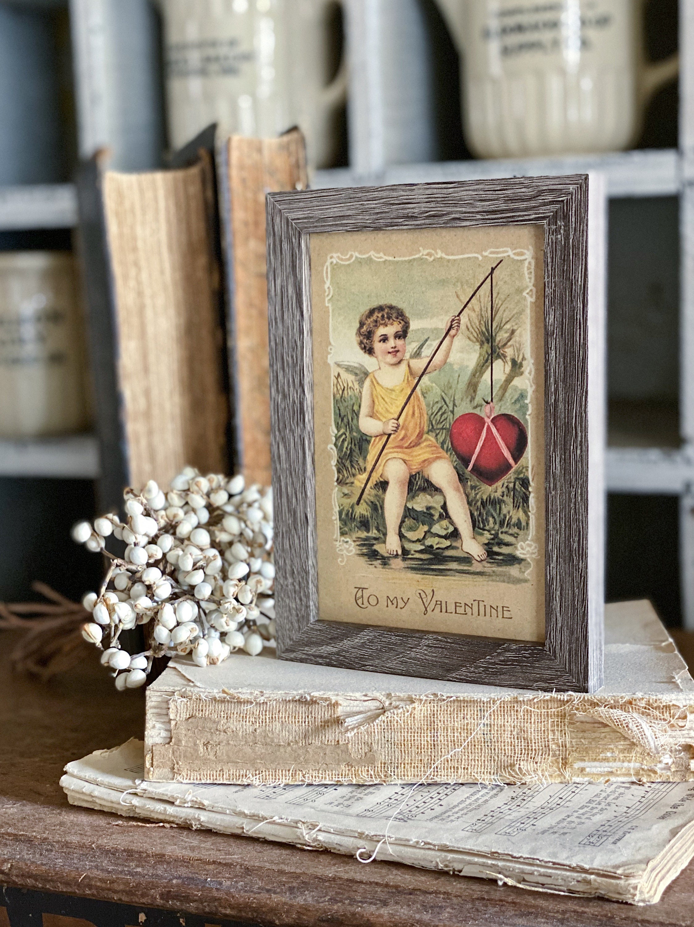 VALENTINE Cupid Fishing Framed Sign Farmhouse Decor Barn Wood Rustic