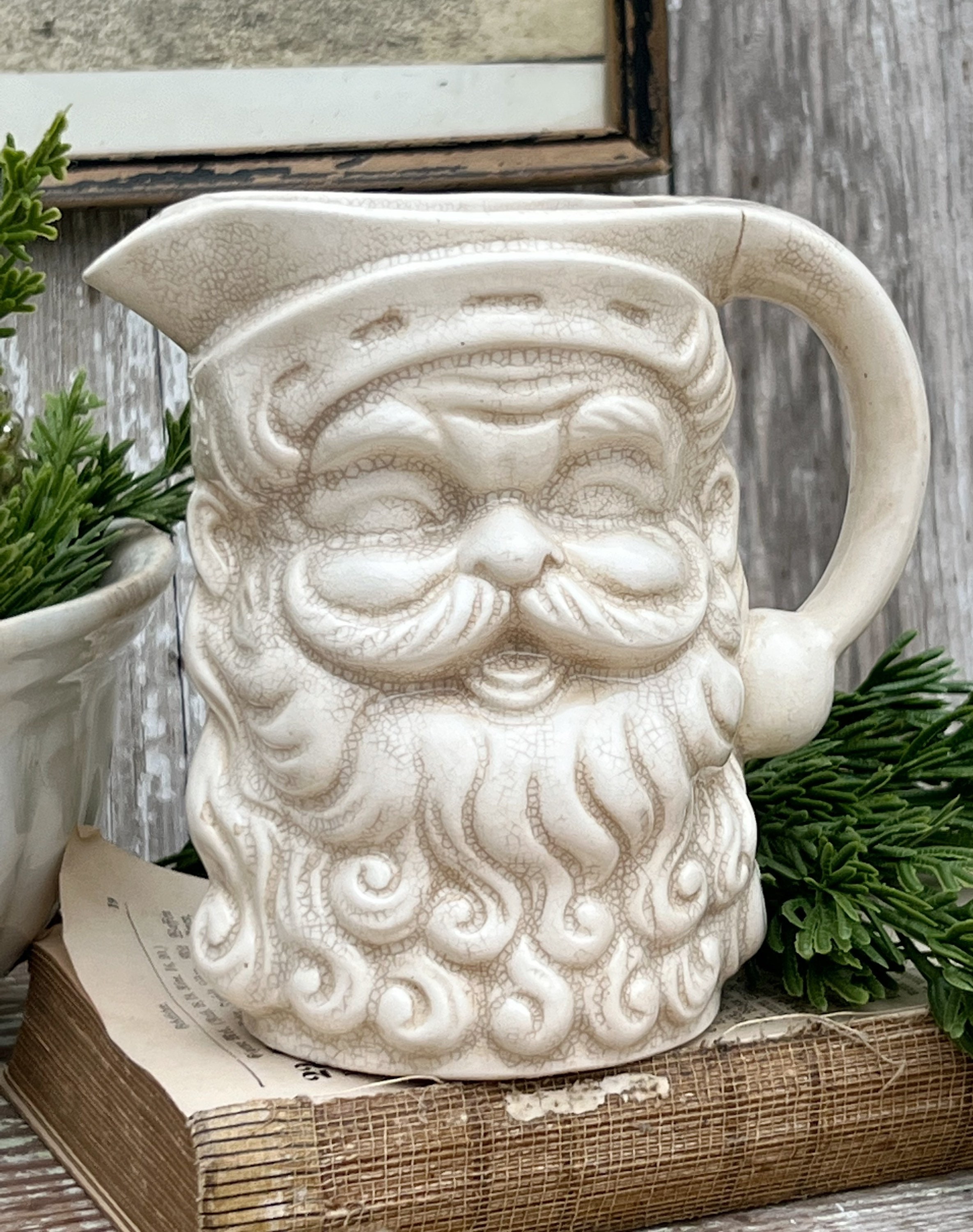 Vintage Ironstone Santa Claus PITCHER Creamy White Farmhouse Christmas ...