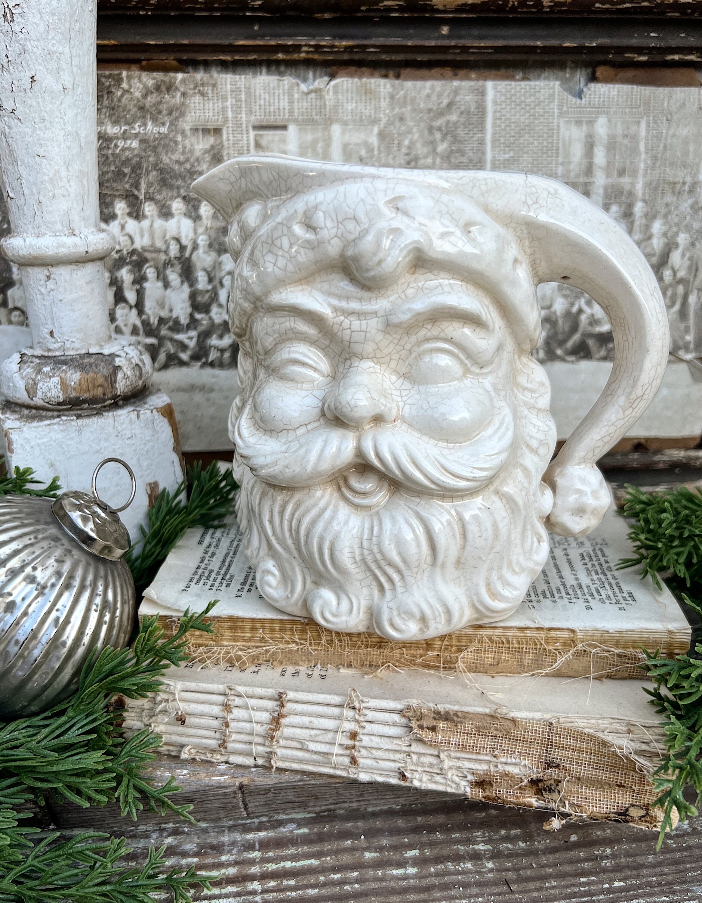 Vintage Ironstone Santa Claus PITCHER Creamy White Farmhouse Christmas ...