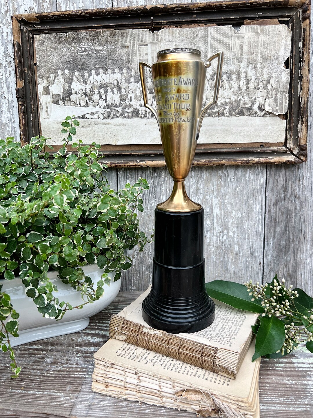 Antique Loving Cup Trophy Silver Engraved Farmhouse Decor Industrial ...