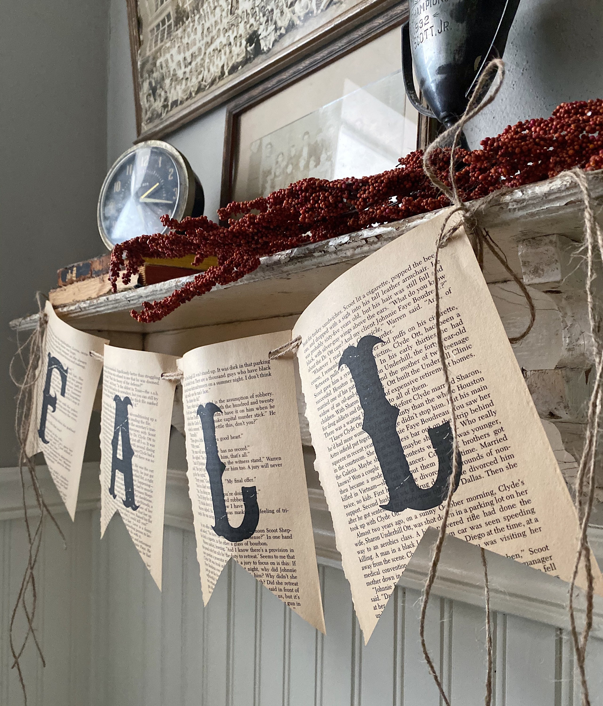 FALL Banner Vintage Book Page BANNER Bunting Pennant Sign Farmhouse ...