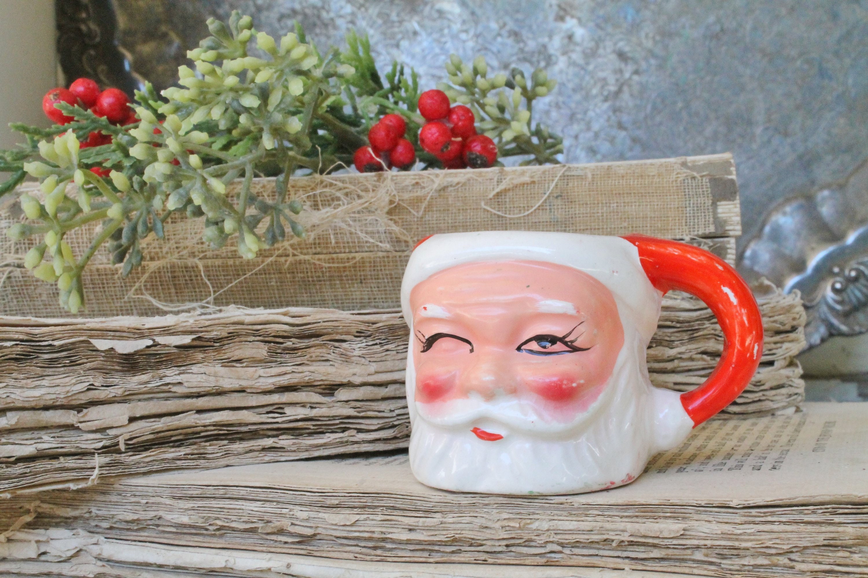 Vintage Ironstone Santa Claus Cup Mini Winking Mug Farmhouse Christmas ...