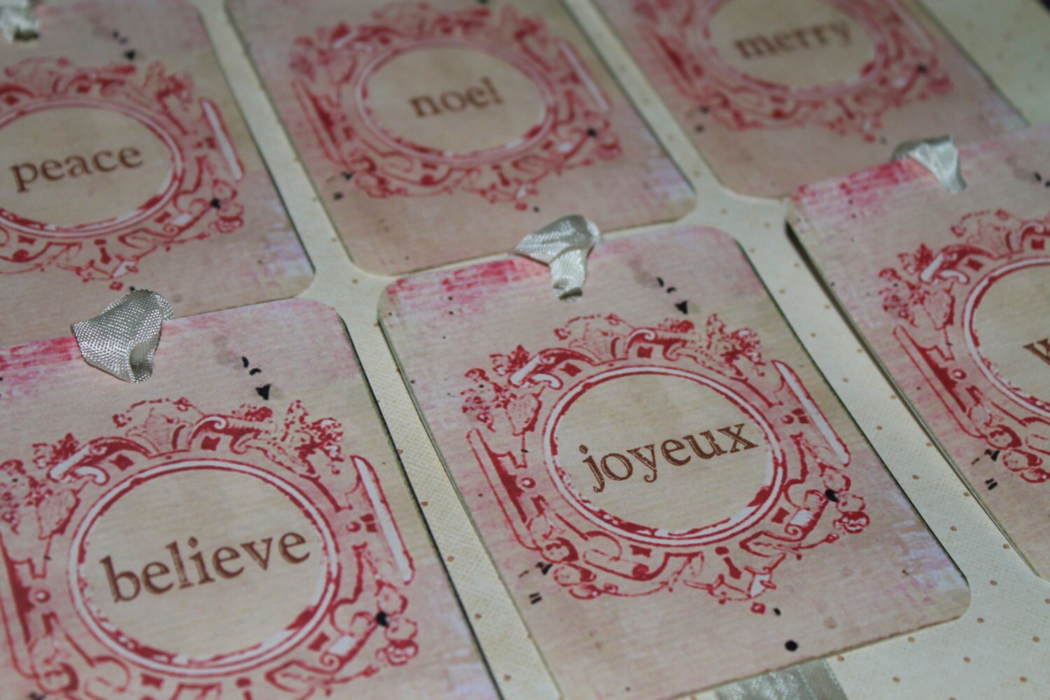 Christmas Gift Tags Vintage SHABBY PINK Joyeux Noel Believe Peace Wish ...