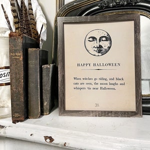HAPPY HALLOWEEN Vintage Book Page Sign Wood Frame Moon Primitive Fall ...