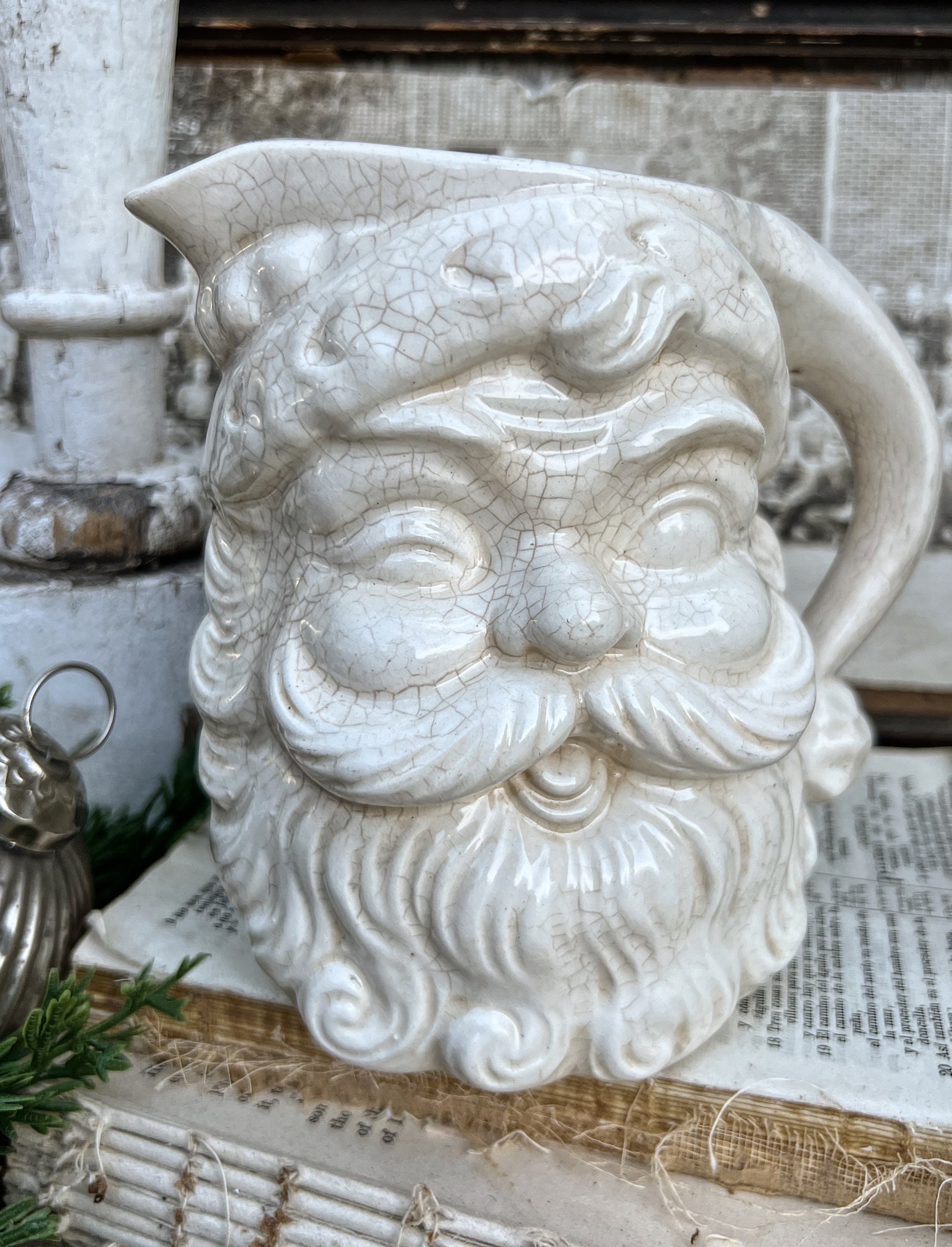 Vintage Ironstone Santa Claus PITCHER Creamy White Farmhouse Christmas ...